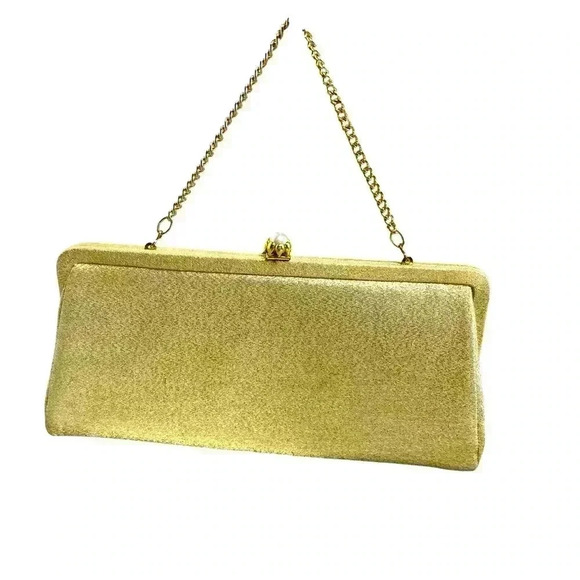 Bags | Vintage Retro Gold Clutch Bag With Pearl Clasp And Chain Handbag ...